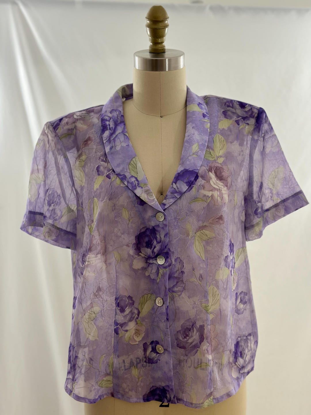 Vintage 90s Sheer Purple Floral Button up Blouse Short Sleeve Lightweight Shirt Cottagecore ...