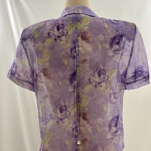 Vintage 90s Sheer Purple Floral Button up Blouse Short Sleeve Lightweight Shirt Cottagecore ...