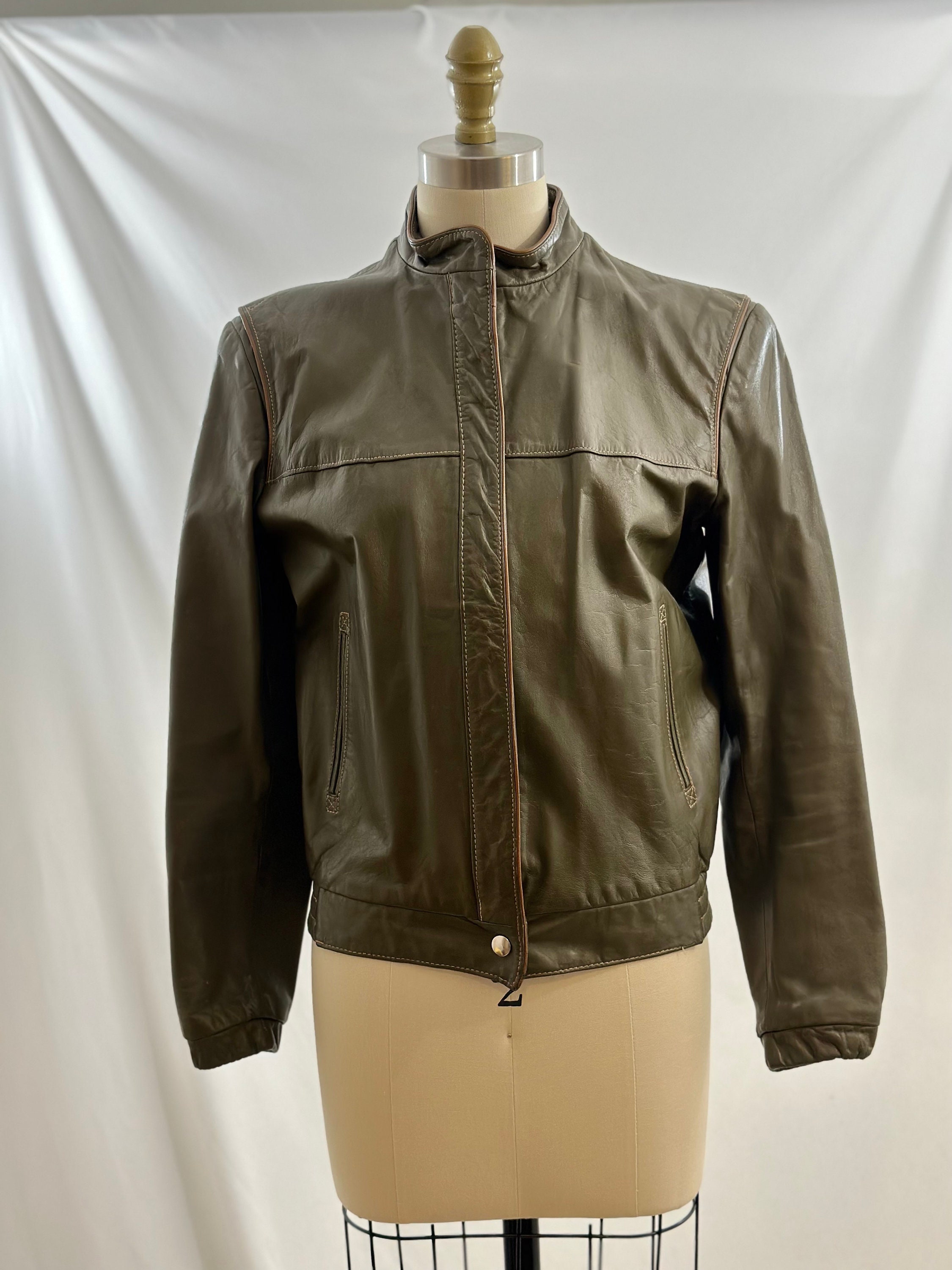 Vintage 70s Olive Leather Jacket Olive Leather Zip up Collared Lined ...