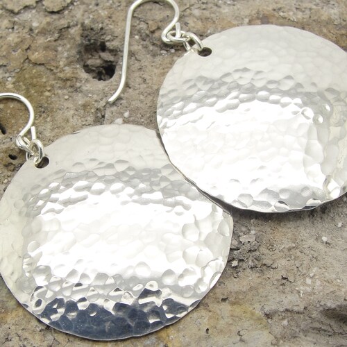 Extra Large Disc Earrings in Hammered Sterling Silver in 2 - Etsy