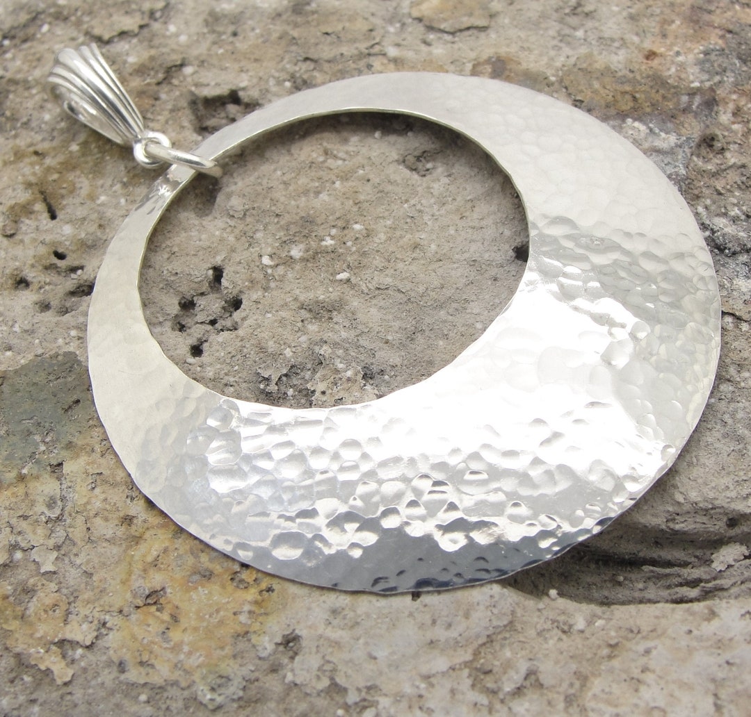 Extra Large Disc Pendant With Peephole in Hammered Sterling Silver in 2 ...