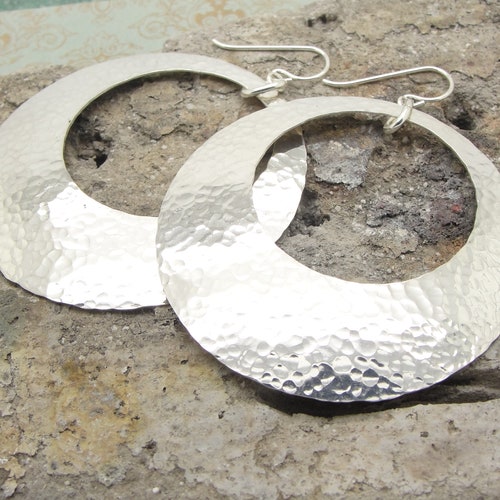 Extra Large Disc Earrings in Hammered Sterling Silver in 2 | Etsy