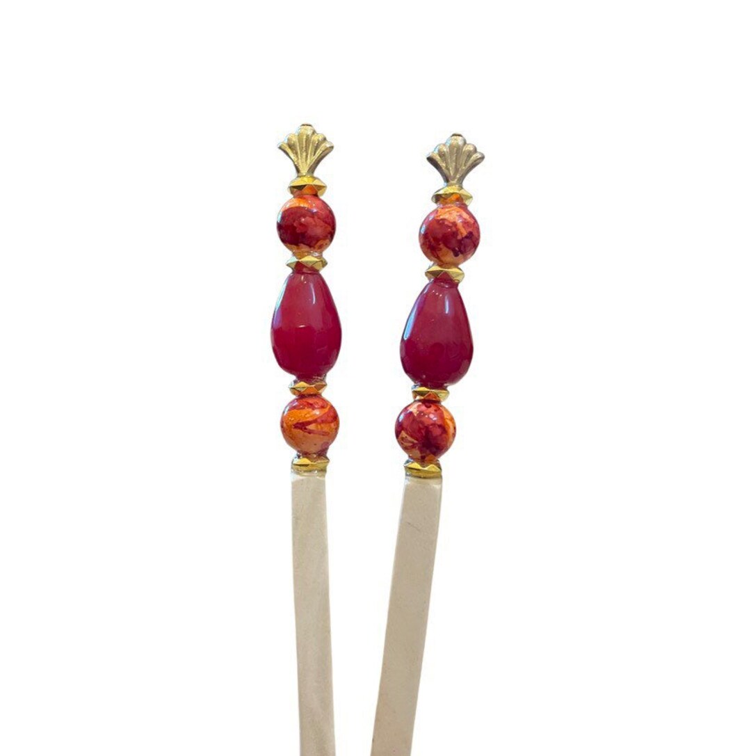 Set Pair of Wooden Beaded Hair Bun Sticks Pins Holder Orange Crimson ...