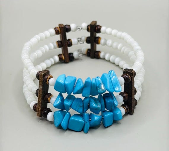 Vintage Boho Southwestern White Blue Turquoise Beaded… - Gem
