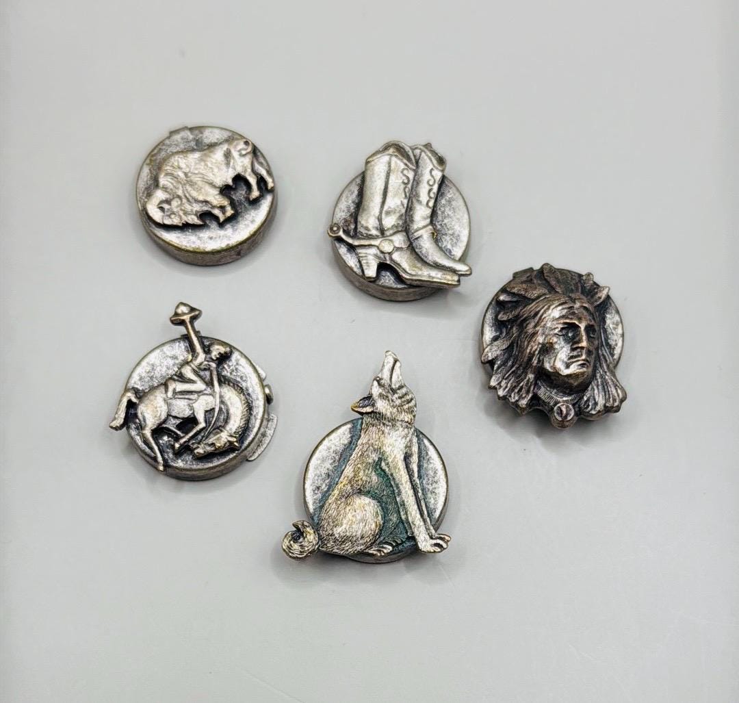 Vintage Silver Western Cowboy Indian Buffalo Wolf Set of 5 Button ...