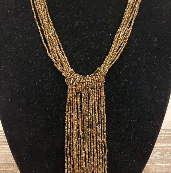 Bronze Vintage Beaded Waterfall Tassel Statement Neck… - Gem