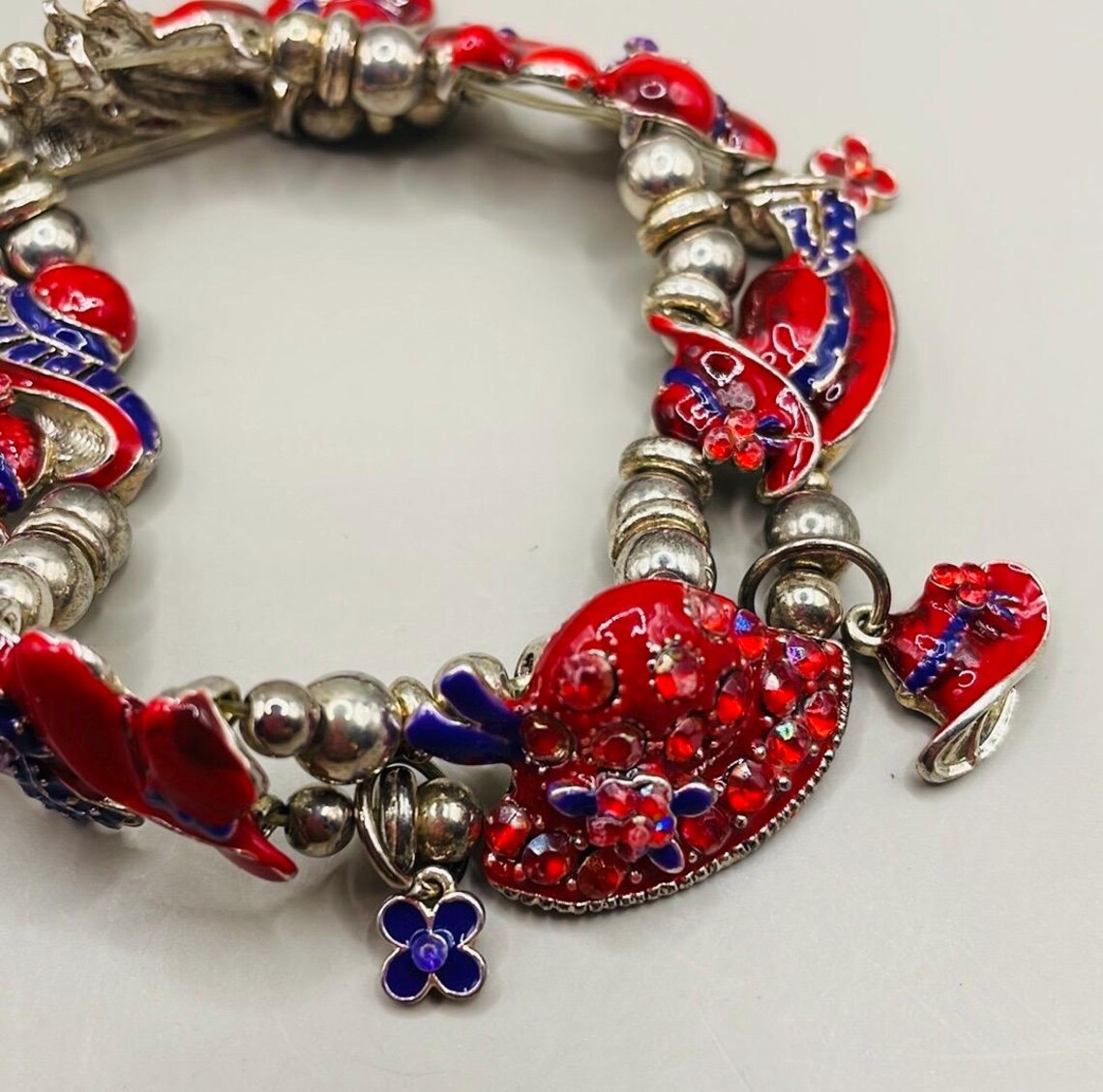 Vintage Silver Tone Red Hat Society Beaded Bangle Cuff Statement ...