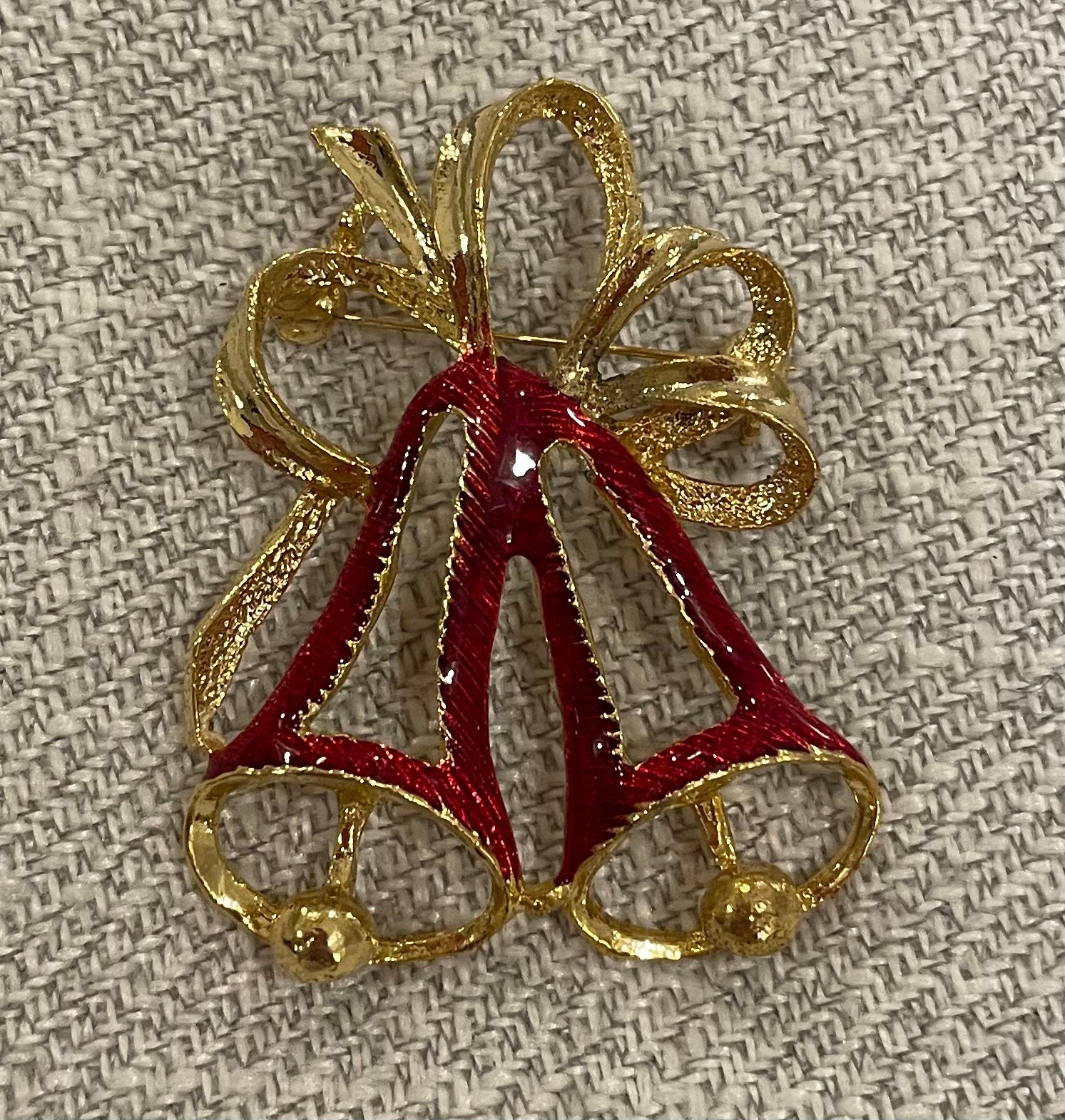 Gold Tone Red Vintage Holiday Christmas Bells Pin Brooch - Etsy