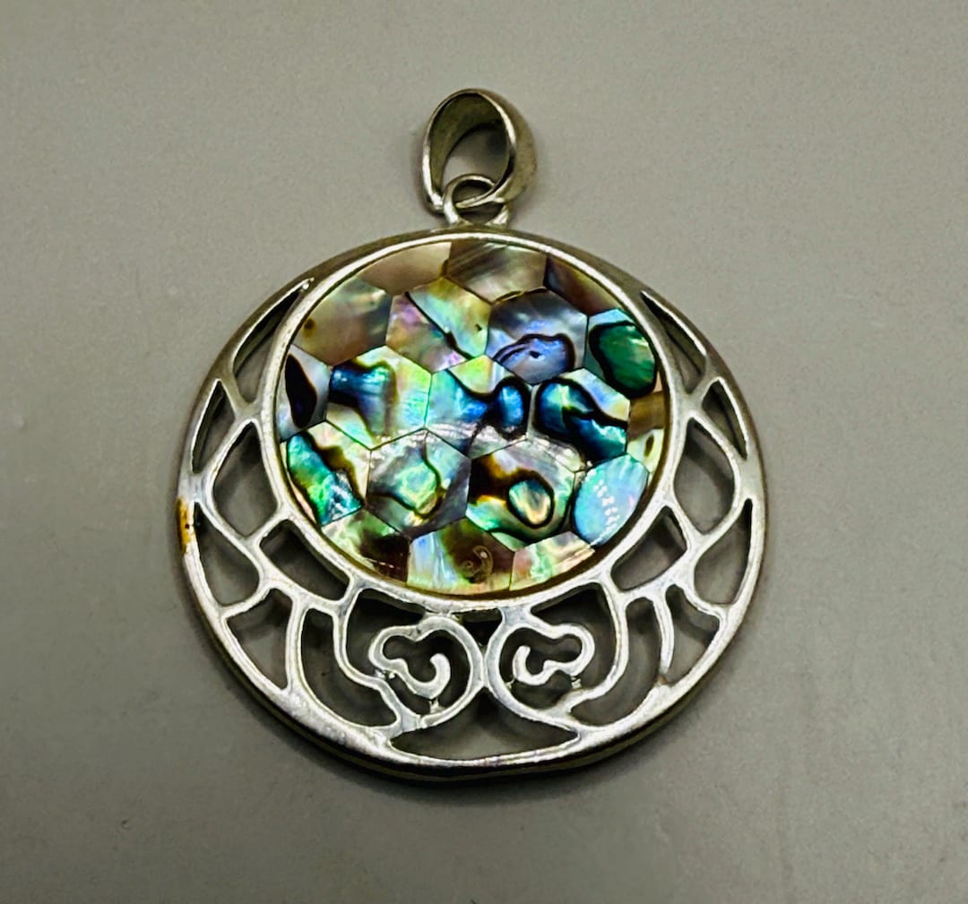 Vintage Silver Tone Abalone Shell Large Pendant - Etsy