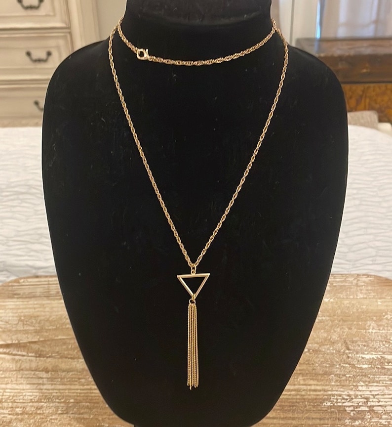 Vintage Gold Tone Chain Long Triangle Tassel Pendant Statement Necklace ...