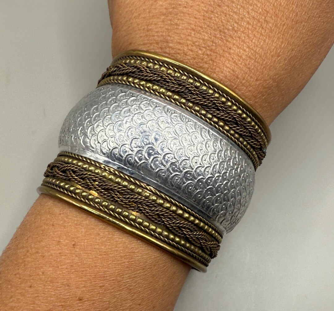 Vintage Silver Gold Tone Textured Large Cuff Bangle Statement Bracelet ...