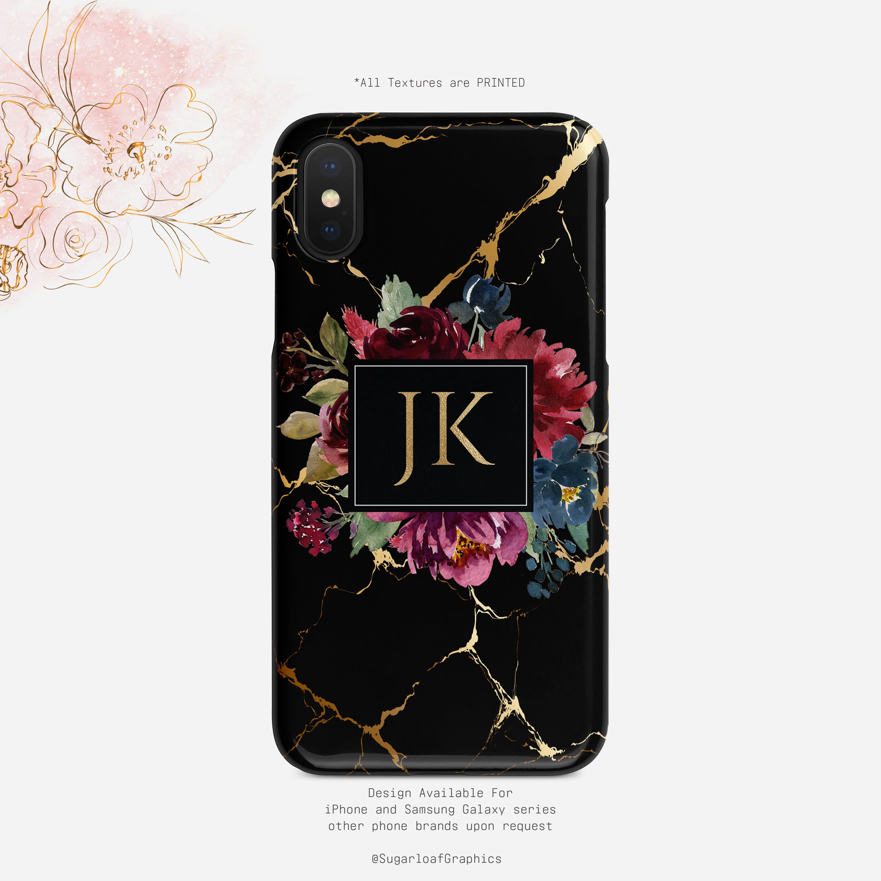 Initial Phone Case Black and Gold Marble Iphone Case Burgundy | Etsy