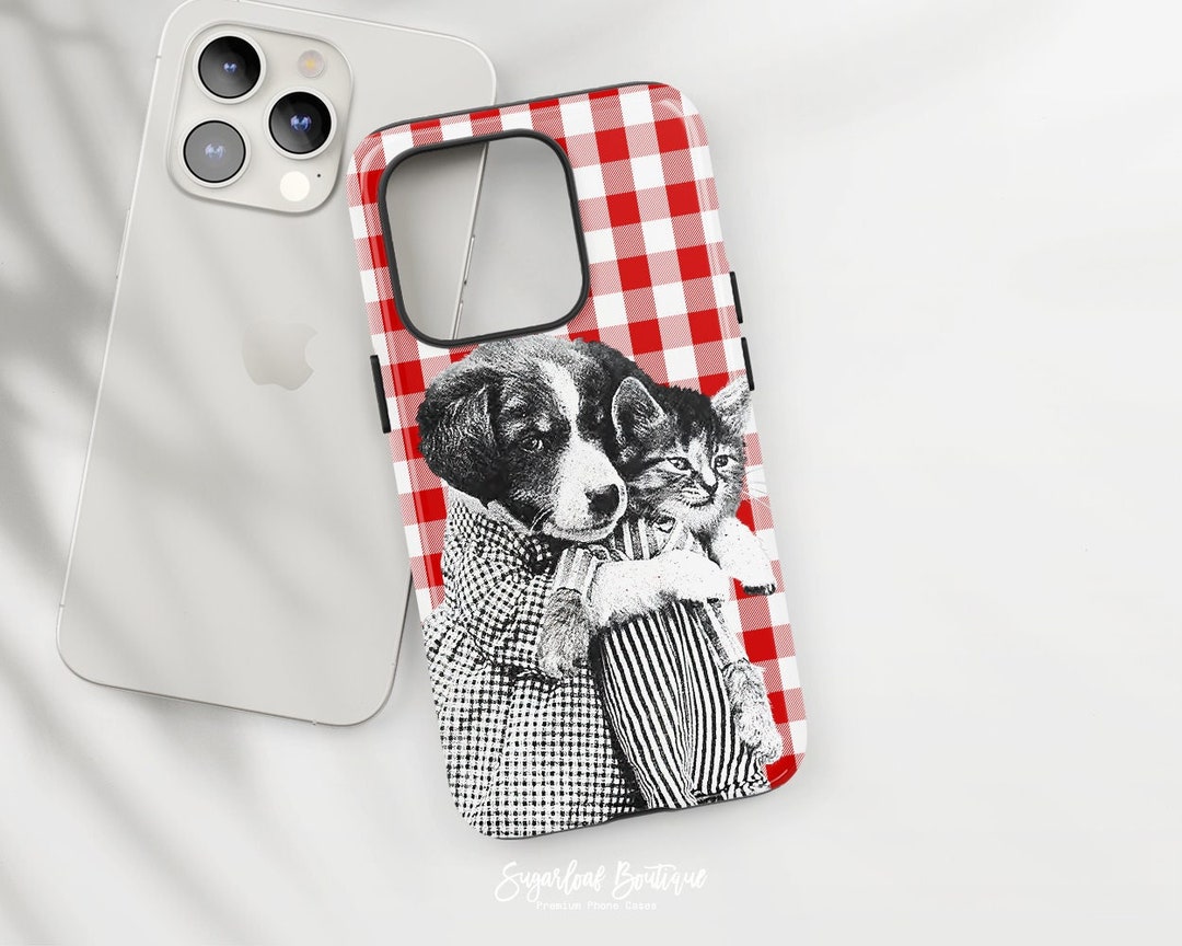 Vintage Puppy & Kitten Hug Phone Case - Red Gingham Pattern - Retro ...