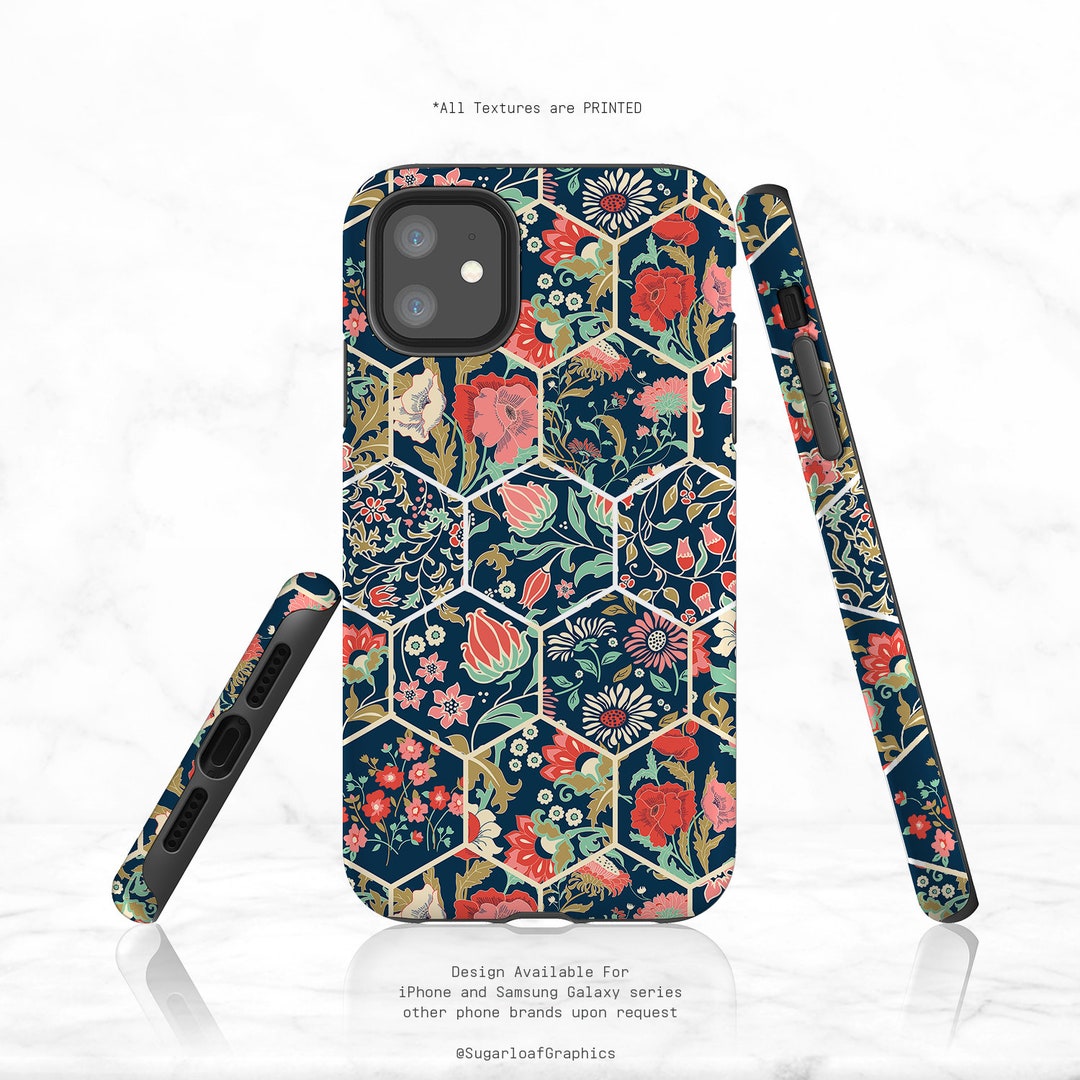 Folk Floral Tile Phone Case, Navy Blue Pink Flowers (slim or Tough) - Etsy