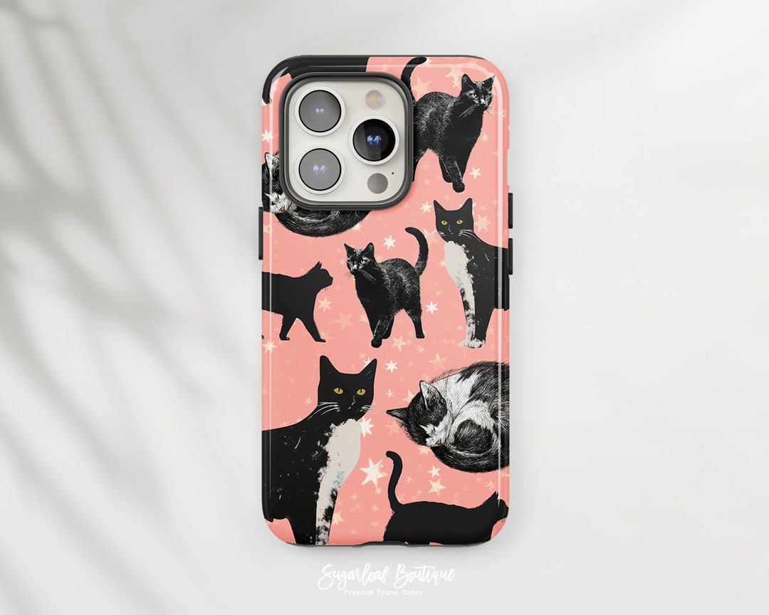 Cute Black Cats Phone Case - Coral Pink Cat Illustrations Phone Cover ...
