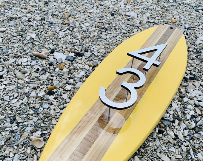 Surfboard Coastal Beach House Address Number Plaque in Yellow - Etsy