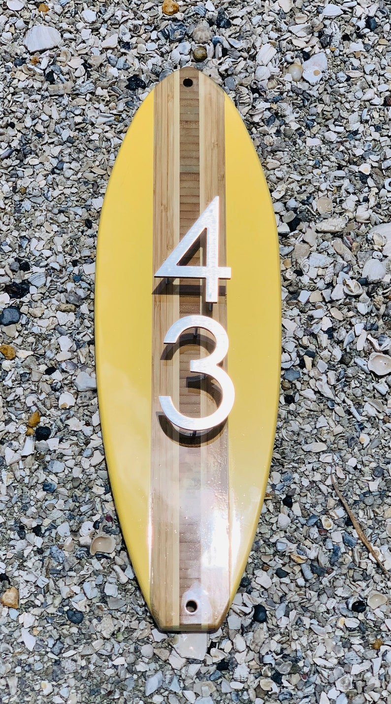Surfboard Coastal Beach House Address Number Plaque in Yellow - Etsy