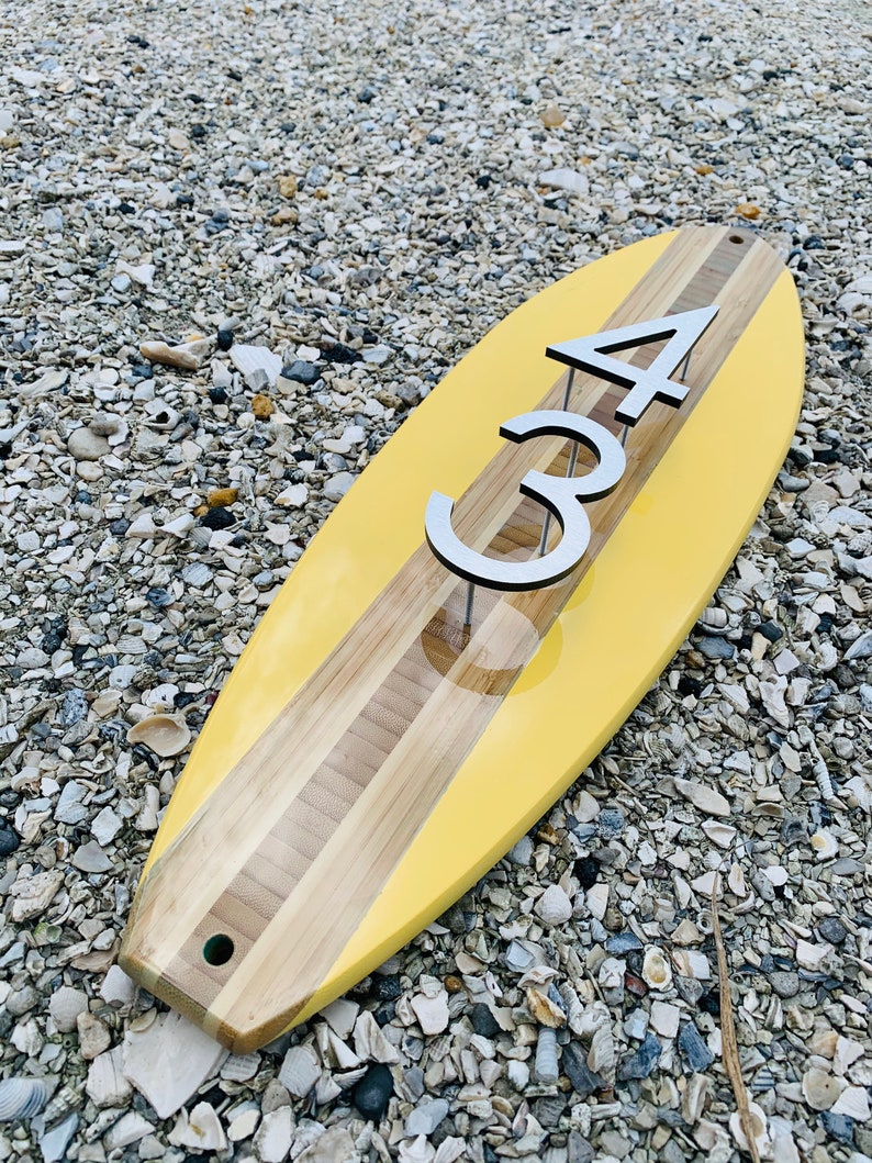 Surfboard Coastal Beach House Address Number Plaque in Yellow - Etsy