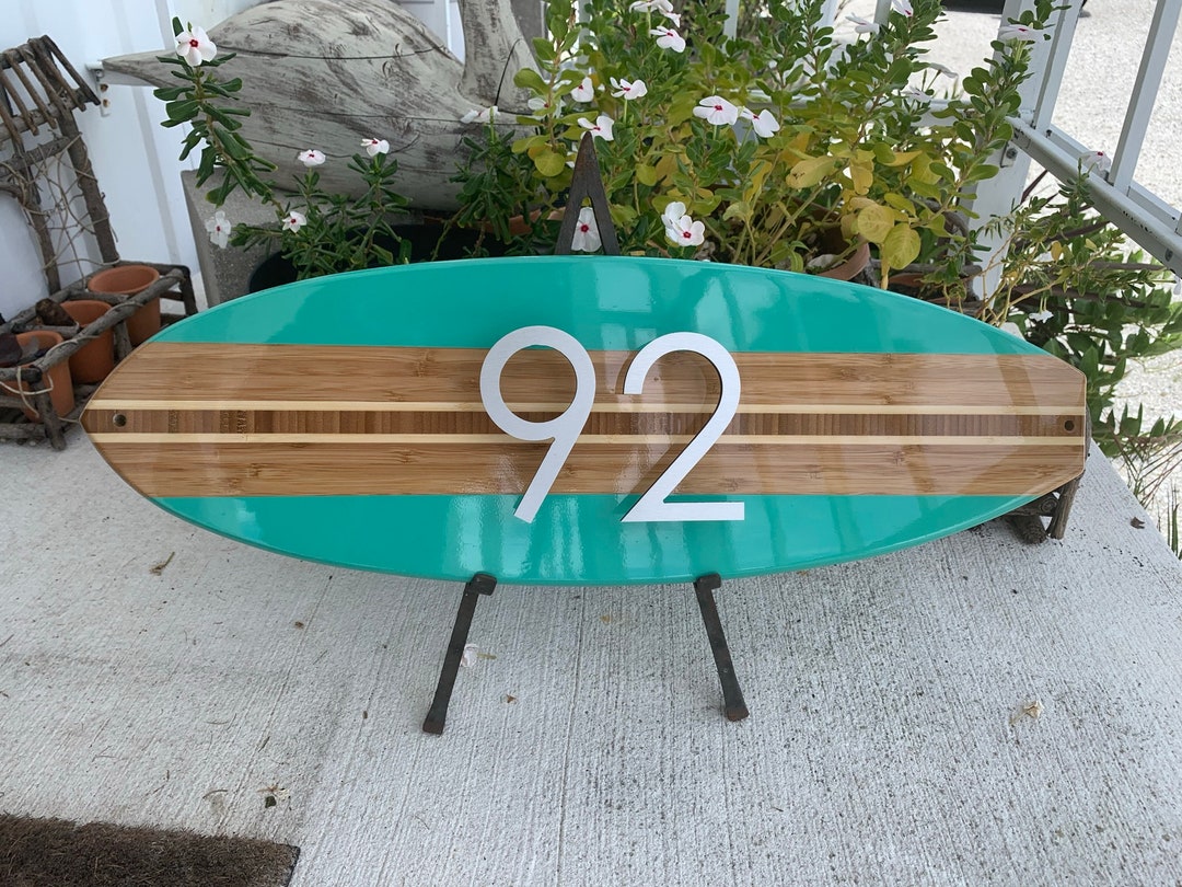 Surfboard Coastal Beach House Address Number Plaque in Seaform Green ...