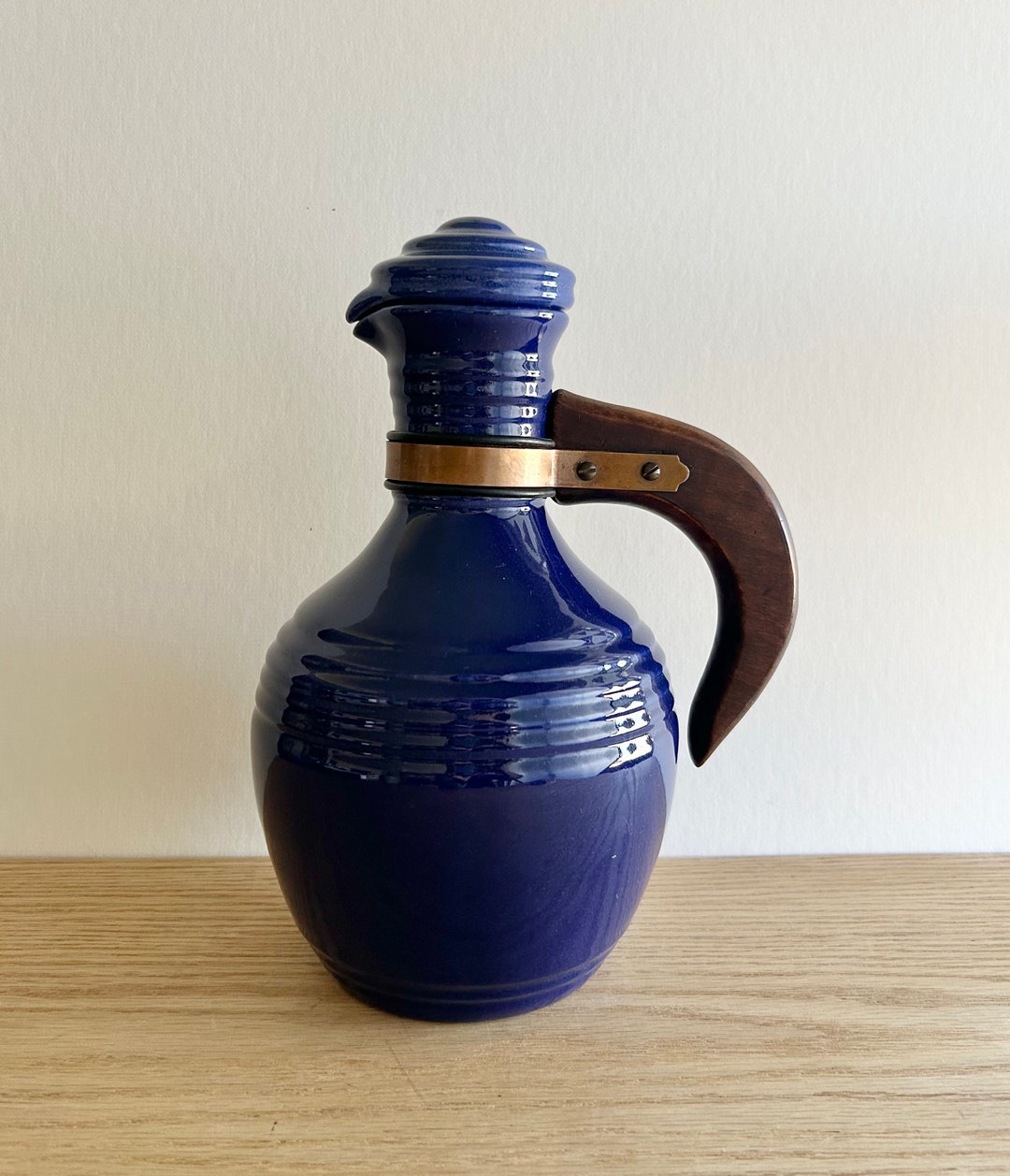Pacific Pottery Cobalt Blue Carafe With Lid, Wood Handle and Copper ...