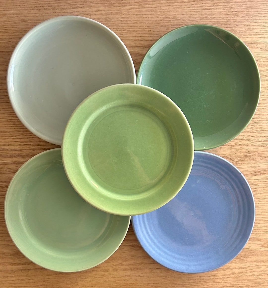 Bauer Los Angeles Pottery Blue, Green and Gray Dinner Plates Sold ...