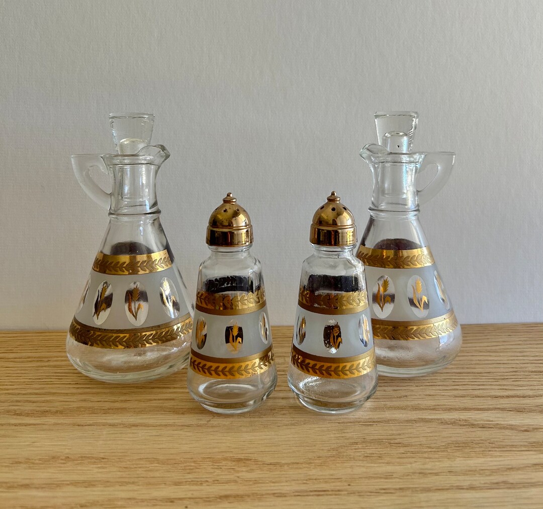 Hazel Atlas Golden Wheat Pattern Glass Cruet and Salt & Pepper Shaker ...