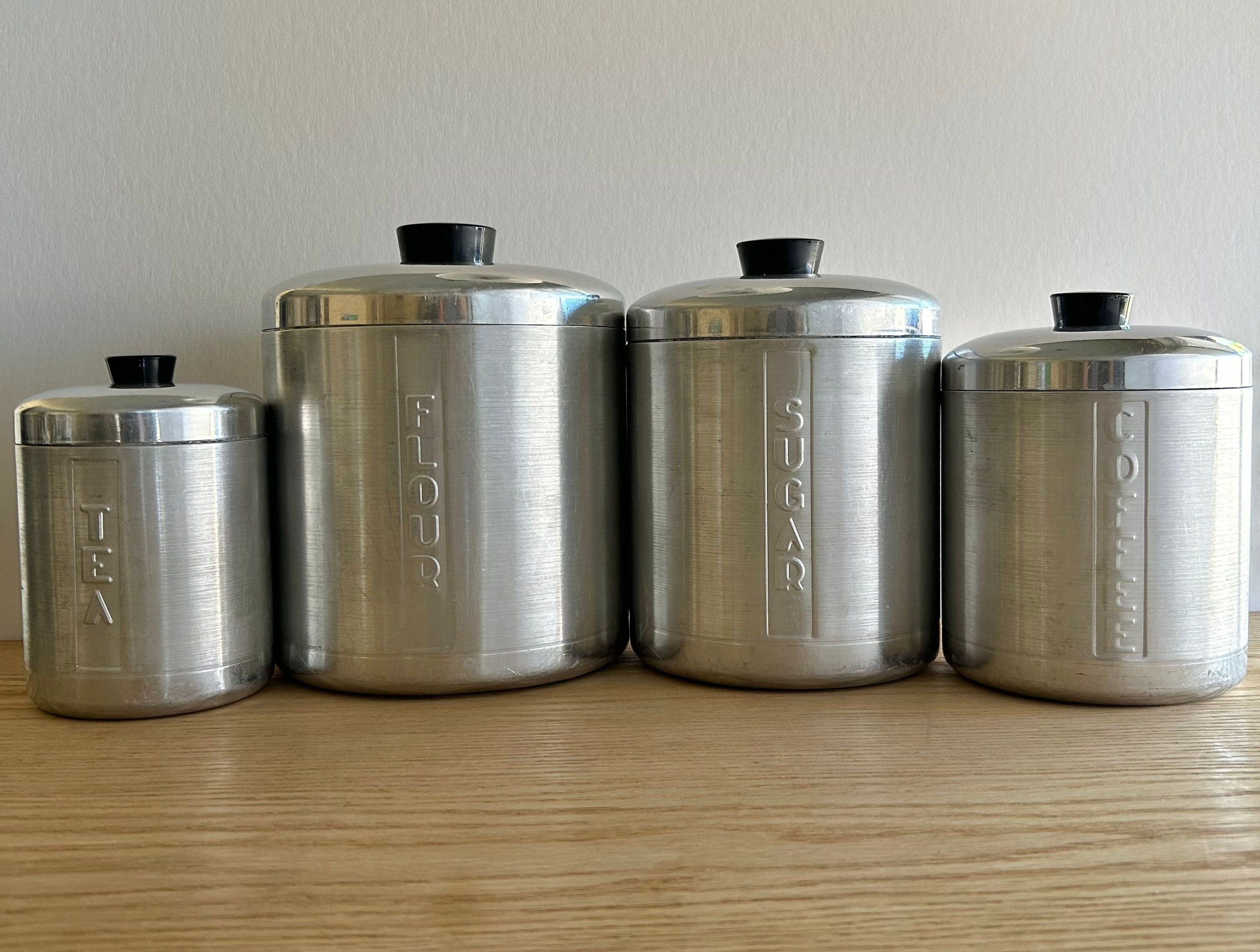 Vintage Silver Tin Canisters With Black Lid - Etsy