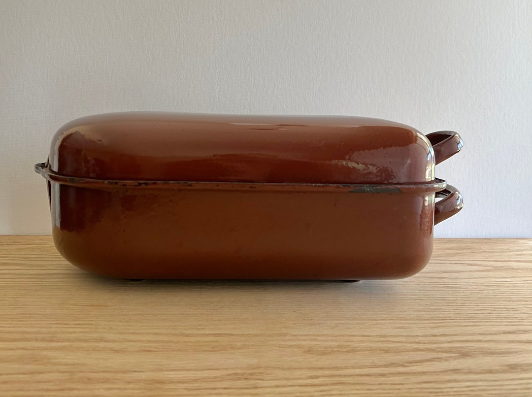 Vintage Enamel Roasting Pan With Lid in Brown With Blue Granite Ware ...