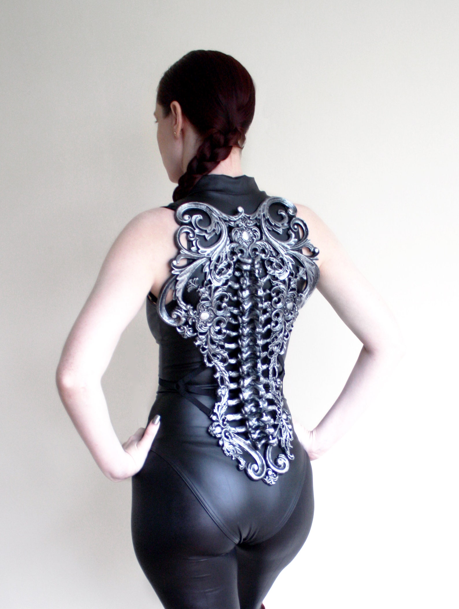 Silver Spine Metallic Latex Rubber Filigree Back Piece Armour Harness ...