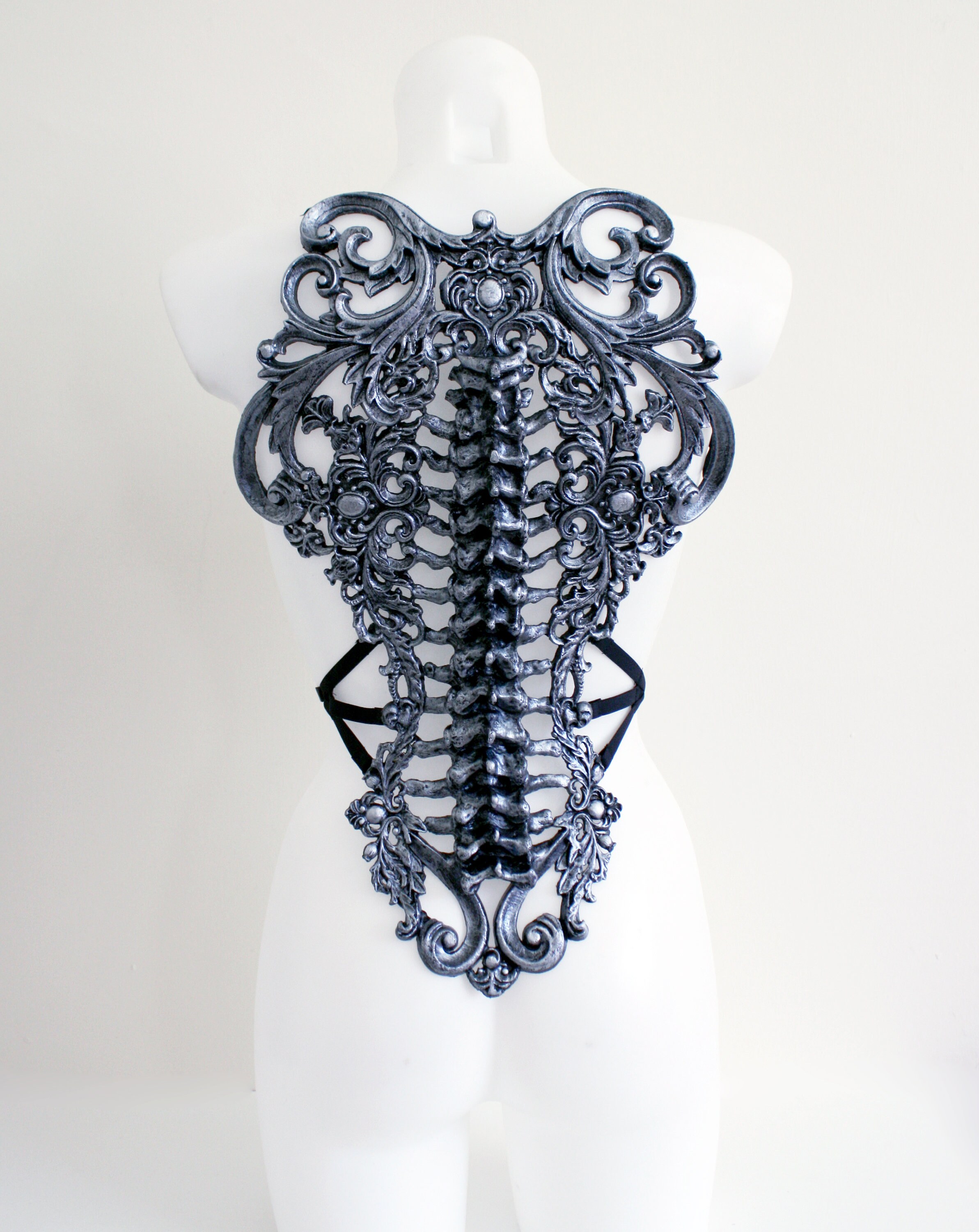Silver Spine Metallic Latex Rubber Filigree Back Piece Armour Harness ...