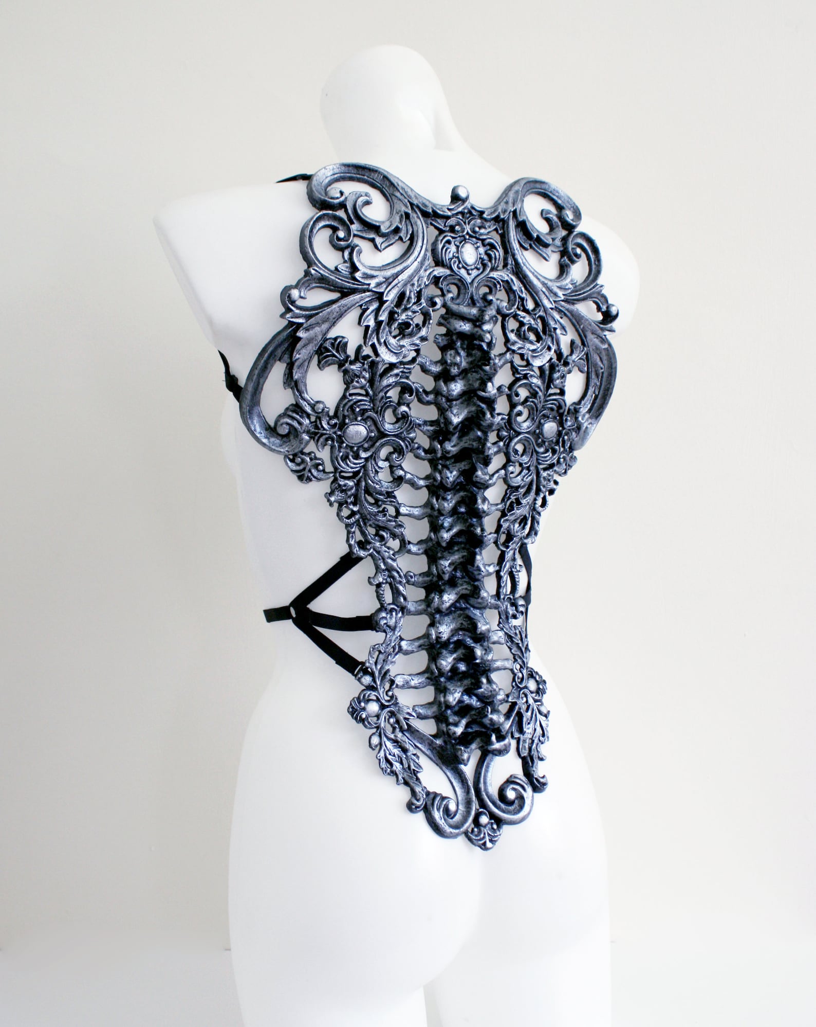 Silver Spine Metallic Latex Rubber Filigree Back Piece Armour Harness ...