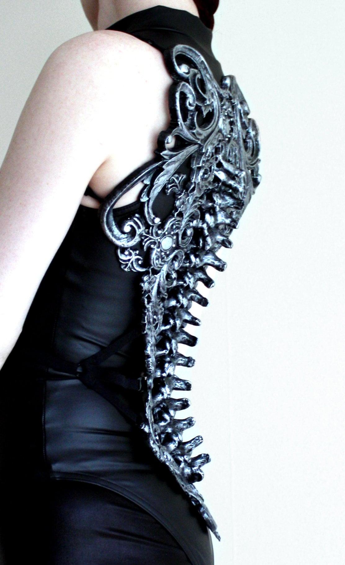 Silver Spine Metallic Latex Rubber Filigree Back Piece Armour Harness ...