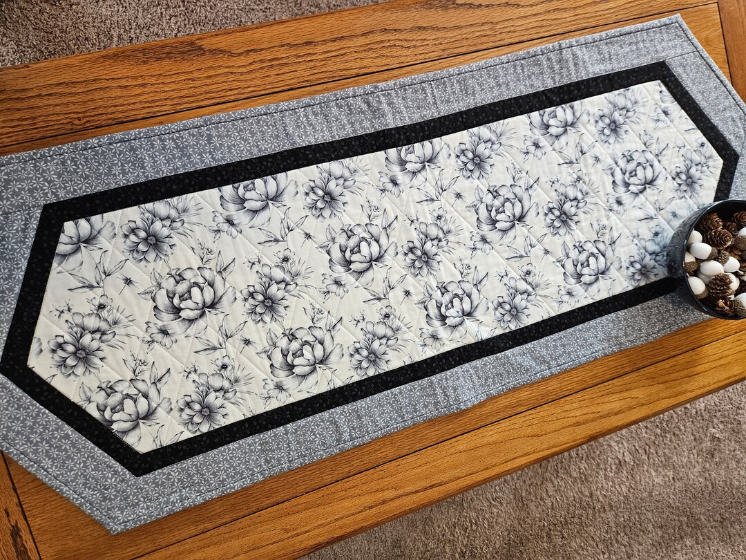 Black White Table Runner Black White Tabel Decor Floral Table Runner Shabby Chic Table Runner ...