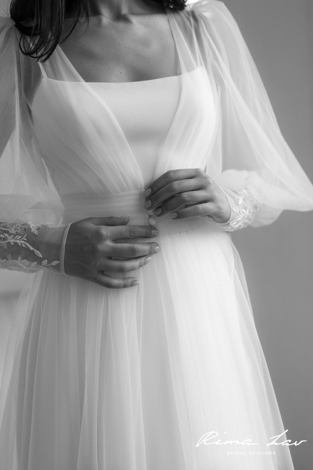 Dreamy Simple Aline Long Sleeve With Cuffs Wedding Dress Bridal Gown ...