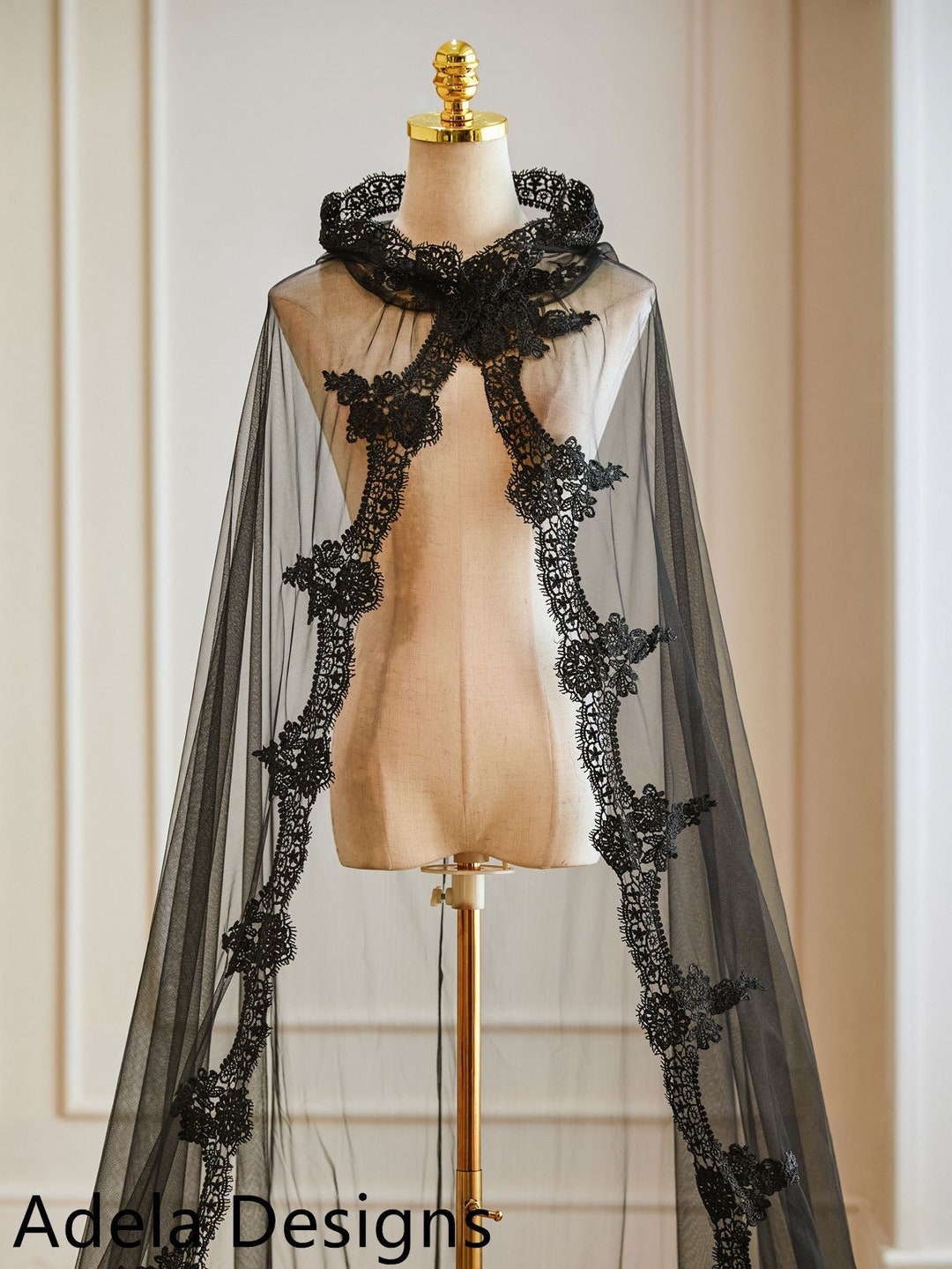 Vintage Gothic Bride Black Wedding Lace Edge Cape Veil With Hood ...