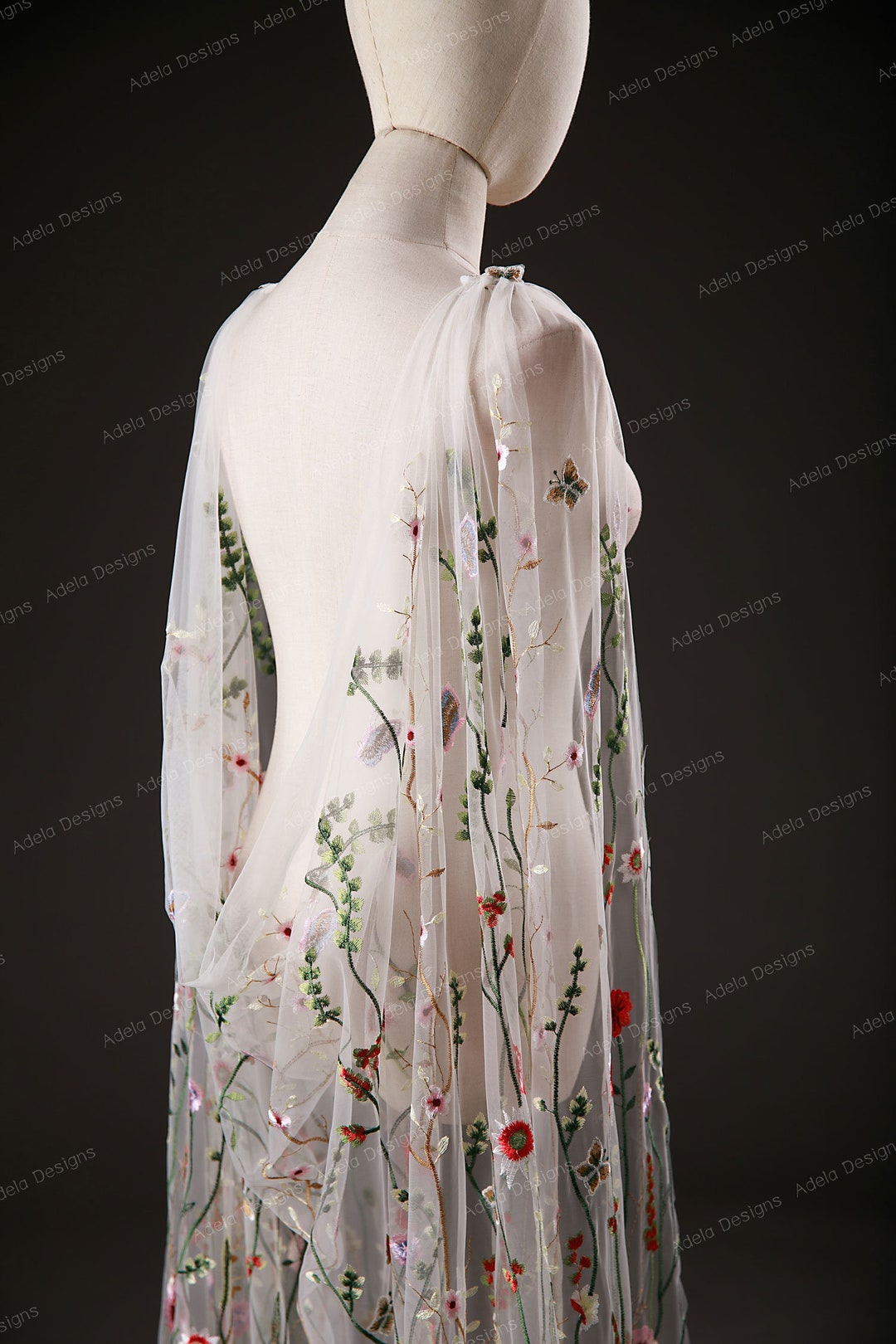 Cape Veil With Floral Details Shoulder Attachment Long Bridal - Etsy