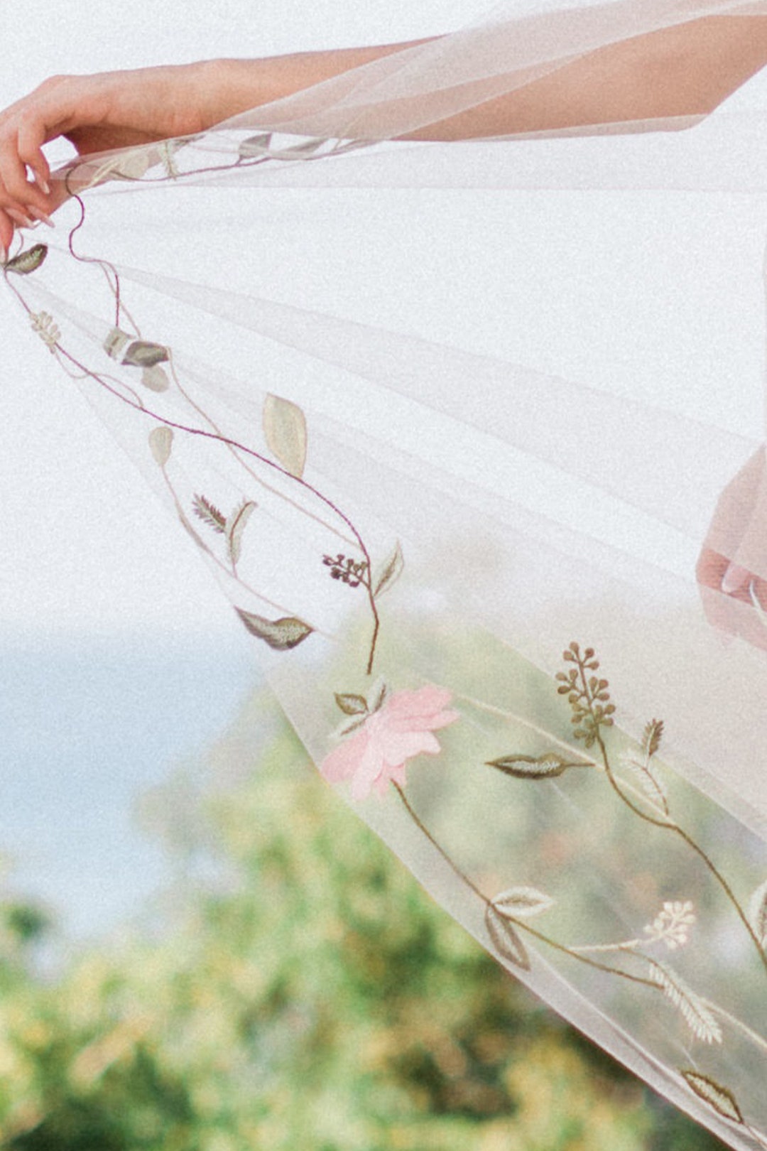 Bridal Veils Embroidered Vines Emerald Pink Floral Blooms - Etsy