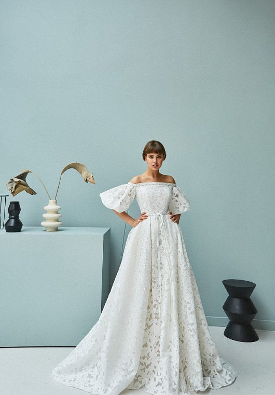 Beautiful Floral Lace off the Shoulder Aline Puff Short Sleeves Wedding ...