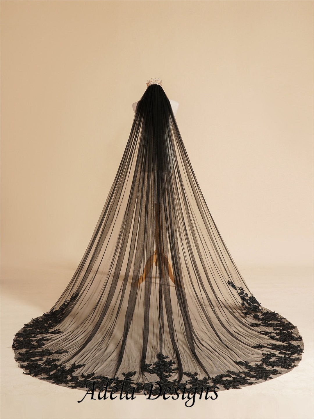 Bridal Veils Lace Edge Tulle Wedding Veil Gothic Black 10 Feet Long ...