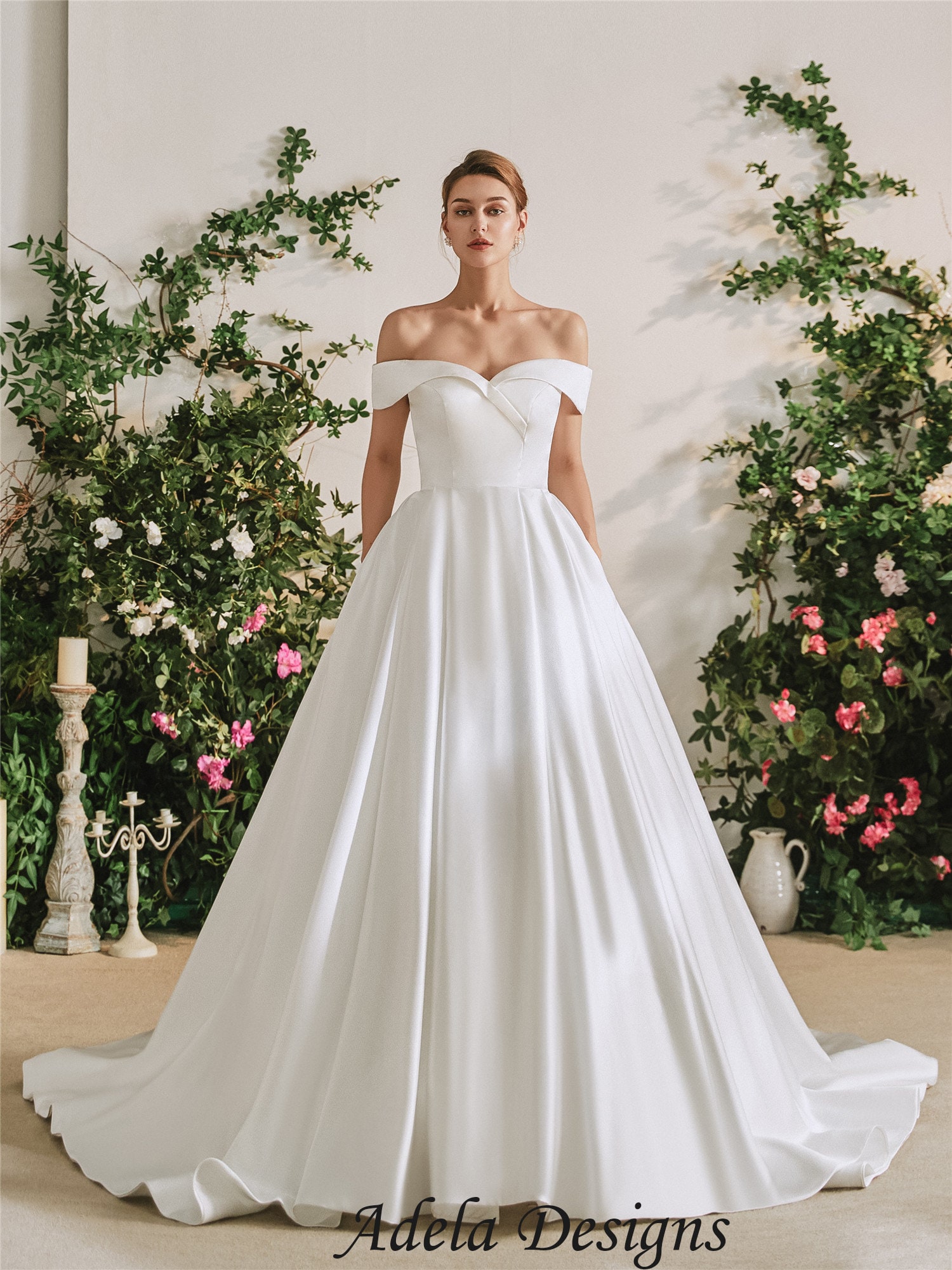 Off The Shoulder Bridal Ball Gown Satin Wedding Dress Etsy Australia