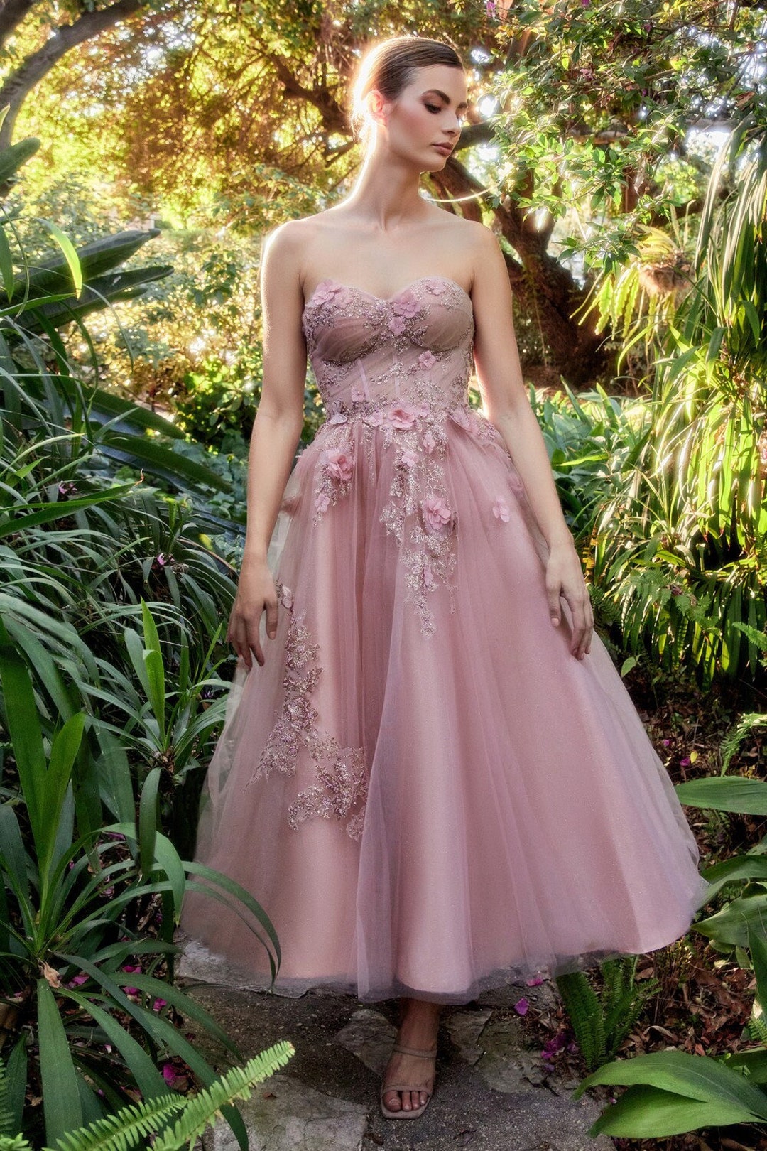 Strapless A Line Cocktail Dress Floral Design Tea Length Dress Sleeveless Sweetheart Neckline