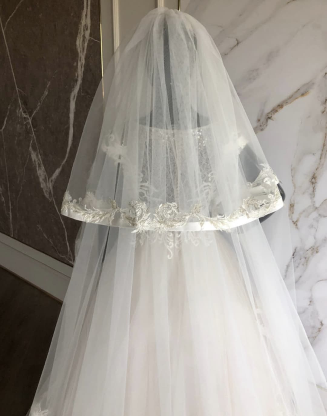 Bridal Veils Satin Edge With Lace Blusher 2 Tier Long Wedding Veil ...