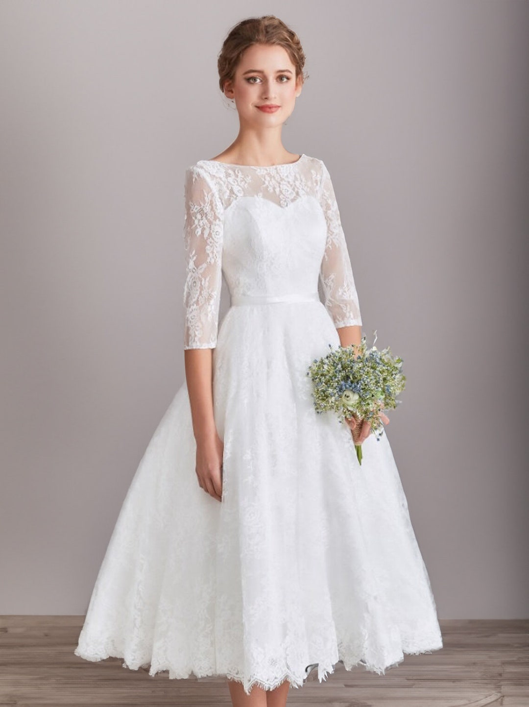 Lace Tea Length Wedding Dress With Sleeves