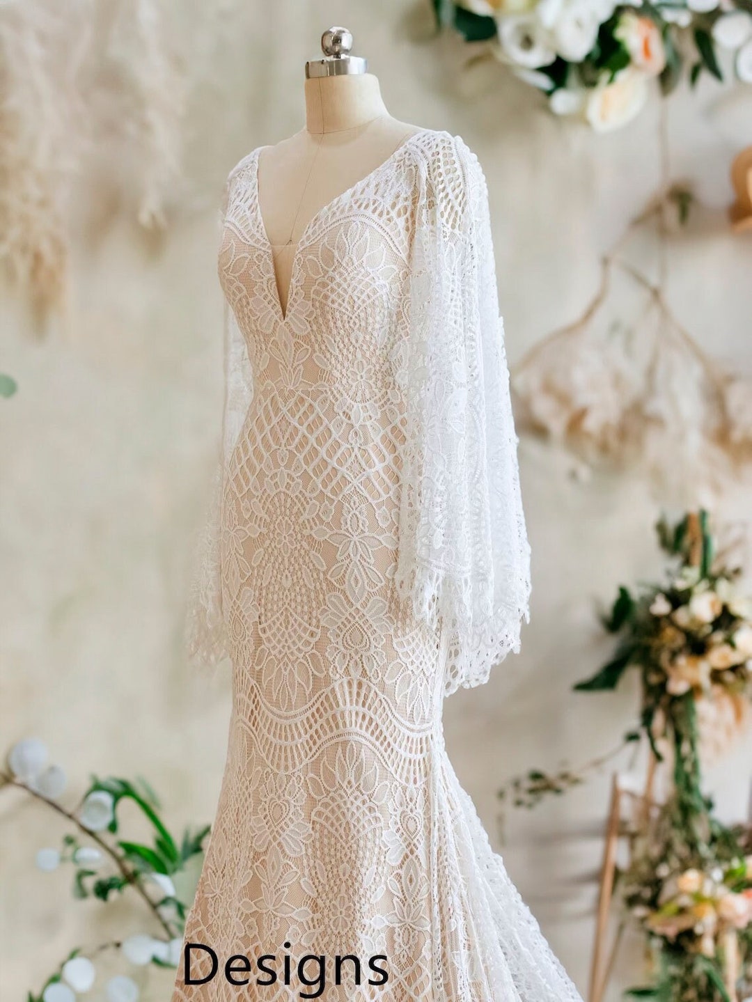 Vintage Lace Boho Mermaid Wedding Dress Long Flutter Sleeves - Etsy