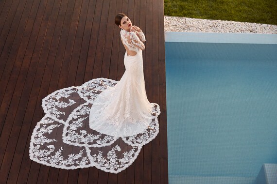 Beautiful Lace Petal Train Deep V Neckline Long Sleeves Fit | Etsy