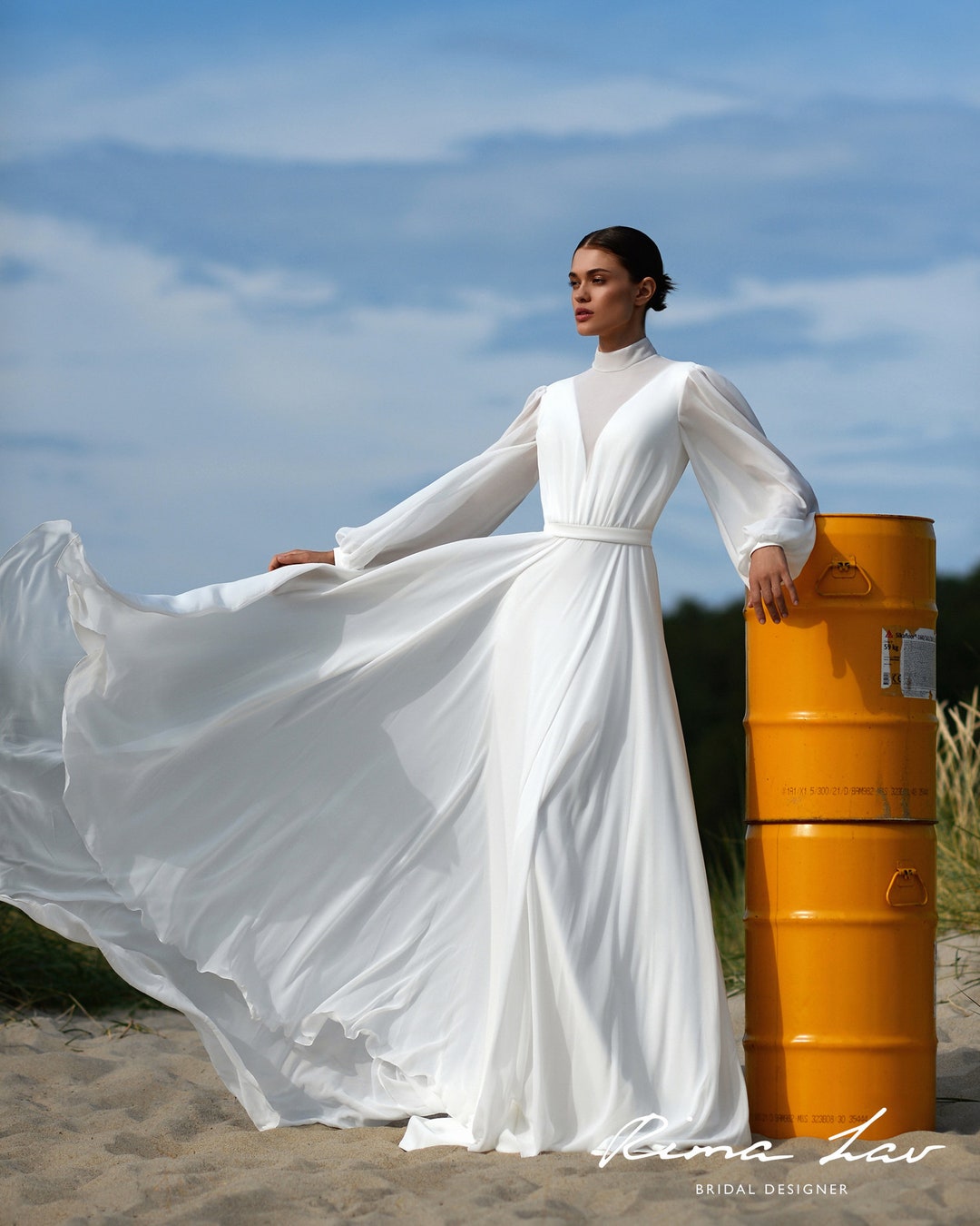 Custom High Neckline Minimalist Aline Long Sleeve Modest Chiffon ...