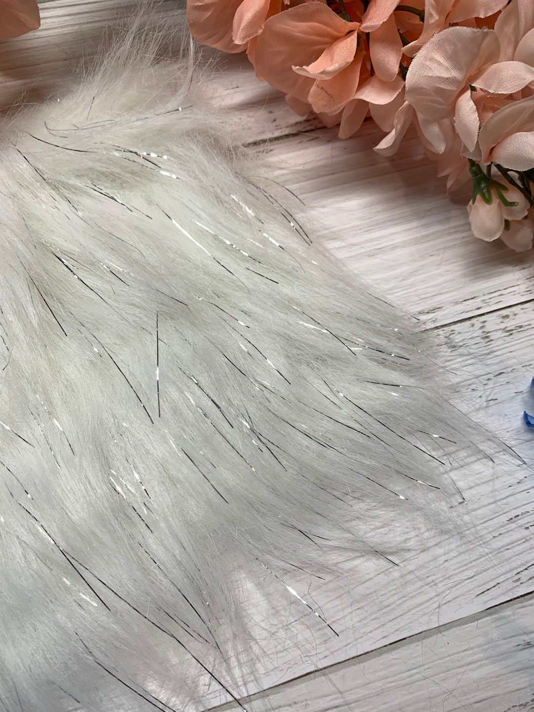 White and Silvers Sparkle Fur. Shaggy Faux Fake Fur Solid Shiny Tinsel ...