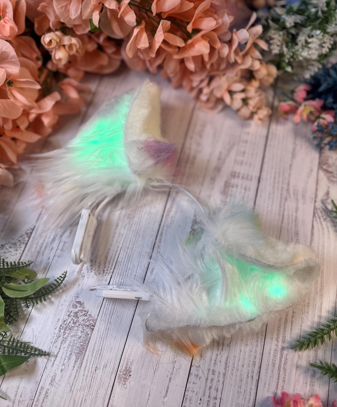 White and Rainbow LED Furry Ears - Green Led Variant 5” Tall, Poseable ...