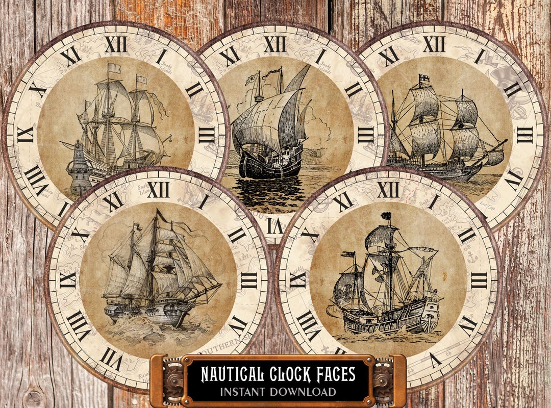 5 Nautical Clock Faces 8" Antique Sailing Ship Wall Decor Watch Dials ...