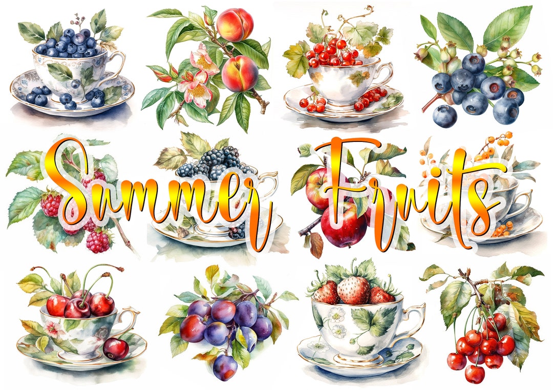 24 Summer Watercolor Fruit Clipart - 3 Digital Printable Sheet, Apple ...